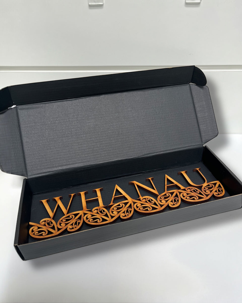 NZ made Whanau (family) Wall Sign in Natural Balsa Wood in Gift Box ...